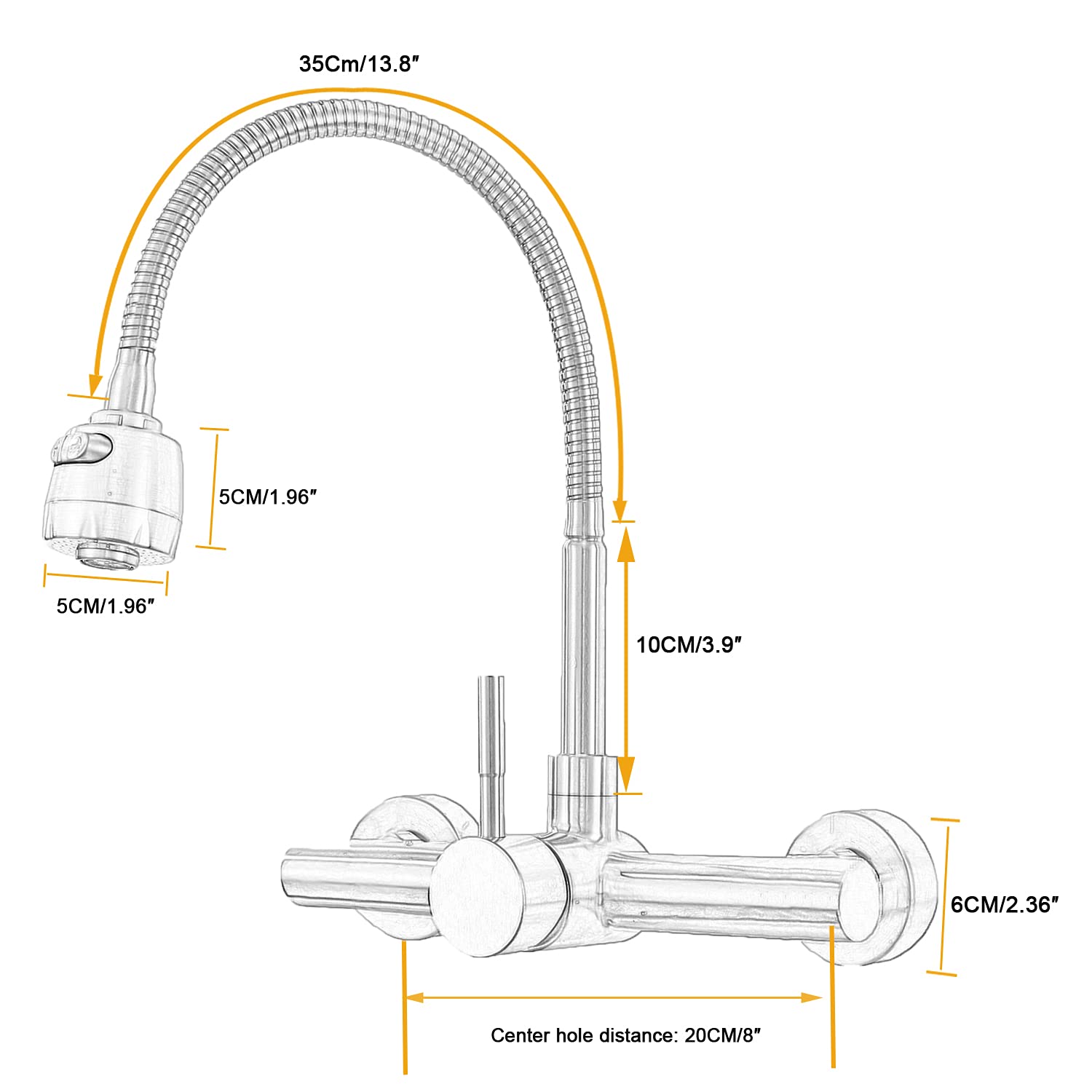 Wall Mount Kitchen Faucet One Handle 8" inch Center Commercial Sink Faucet with Stainless Steel Constructed Brushed Nickel Finish Commercial Kitchen Sink Faucet