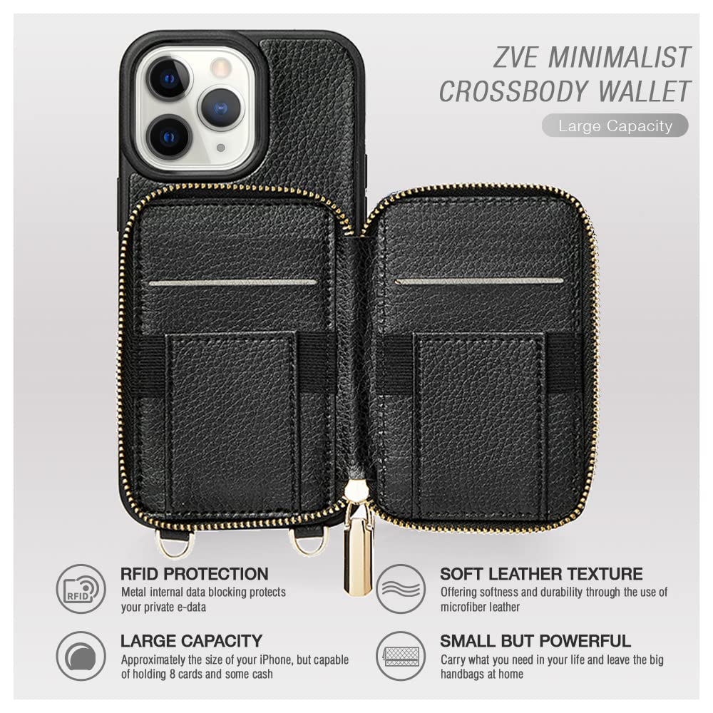 ZVE for iPhone 11 Pro Max Wallet Case with Card Holder, Phone Case with Crossbody Wrist Strap, Zipper Leather RFID Blocking Purse Cover for Apple iPhone 11 Pro Max 6.5 inch 2019 - Black