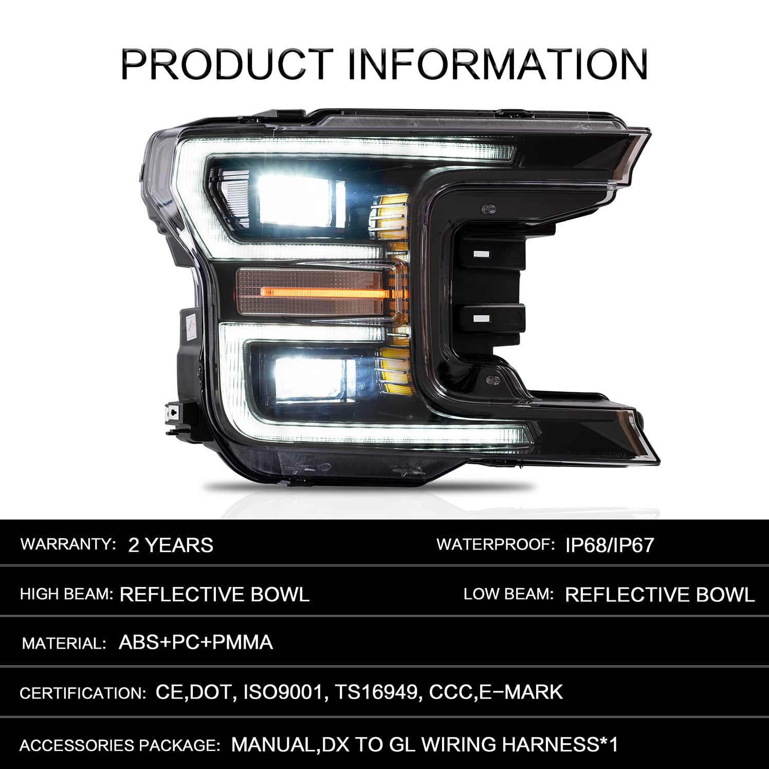 VLAND Headlights Assembly Fit for Ford F150 2018-2020, XL, XLT, Platinum, Lariat, Limited, SSV, King Ranch, Full LED Headlamp with DRL, Sequential Turn Signal, Plug-and-play, Black