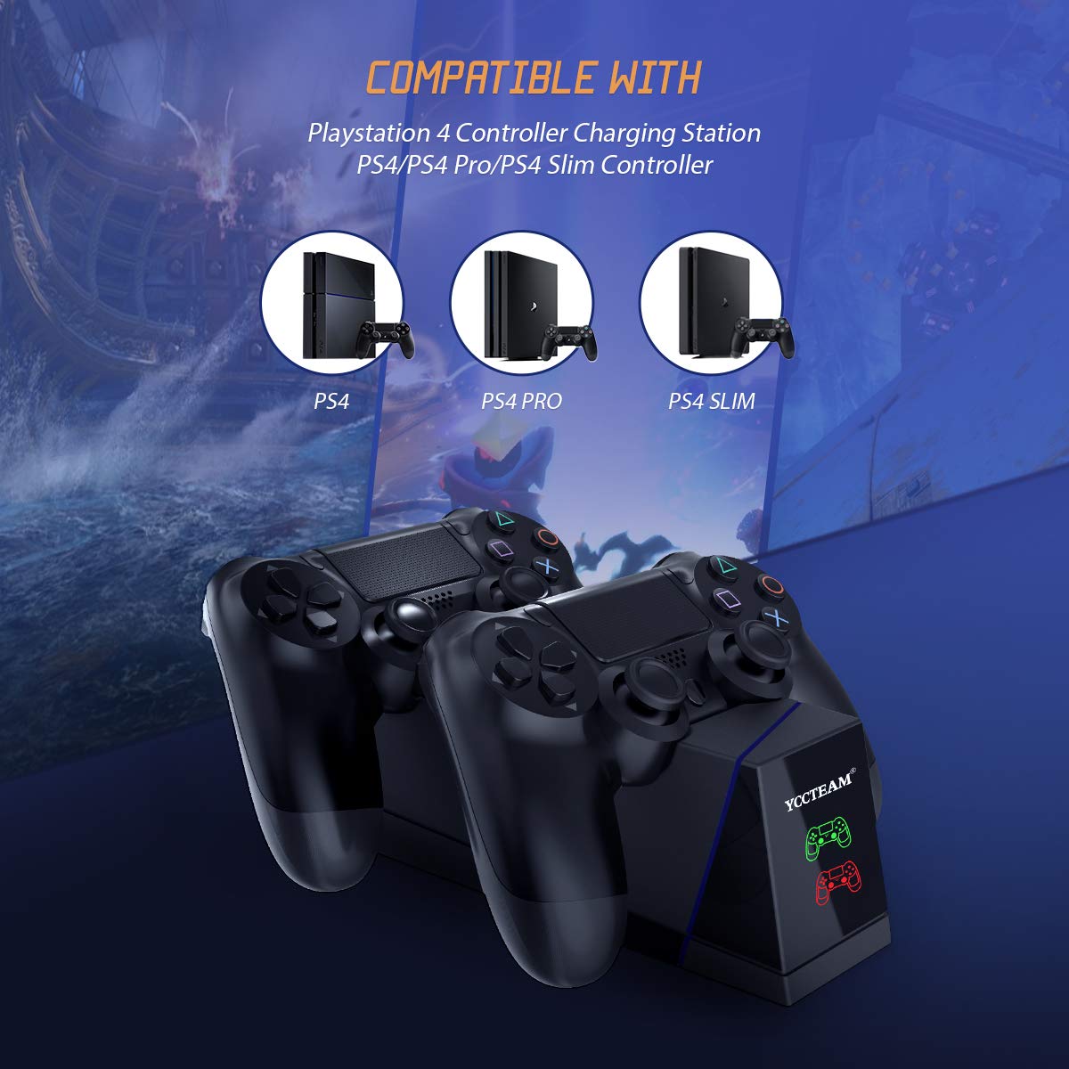 YCCTEAM Controller Charger Compatible with PS4, Dual Fast Controller Charging Station Compatible with Sony PS4,PS4 Slim,PS4 Pro with 4 Micro USB Connectors & LED Charging Indicator