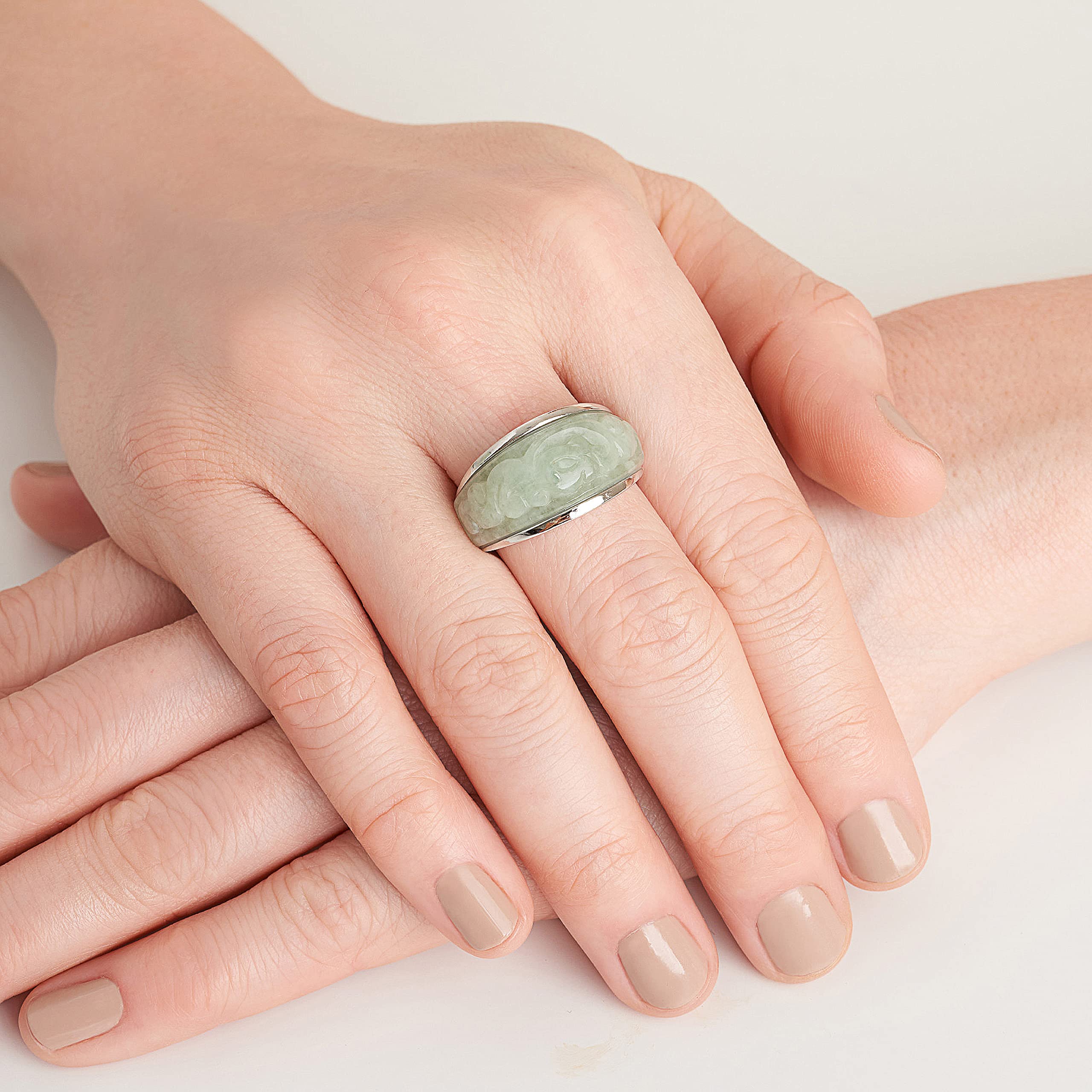 Sterling Silver Carved Genuine Green Jade Ring, Size 8
