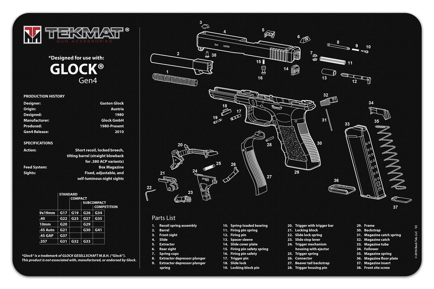 TekMat Gun Cleaning Mat for use with Glock Gen 4 , Black