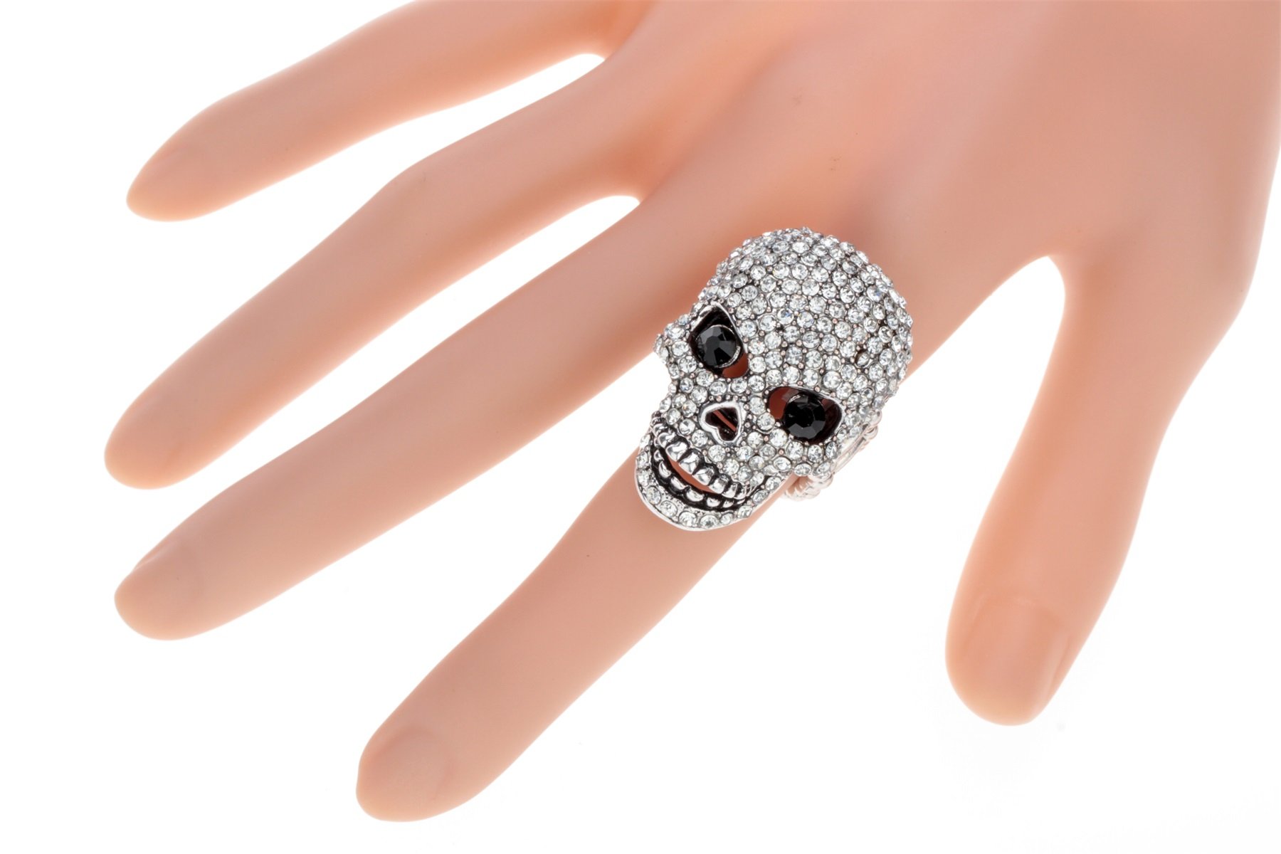 Szxc Women's Skull Stretch Ring Fit Finger Size 7 to 9, Elastic Band Ring, Moving Jaw, Silk Scarf Holder, Women Biker Jewelry