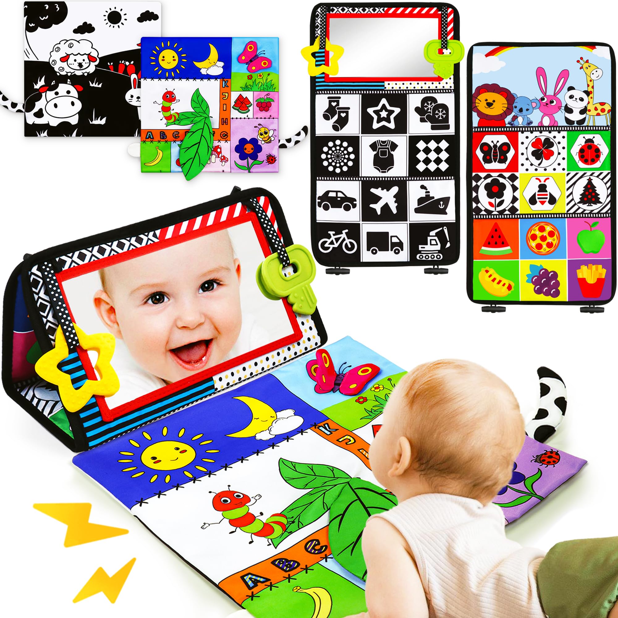 Tummy Time Mirror Baby Toys 3-6 Months Infant Newborn Toys 0-3 Months Brain Development Montessori Sensory Crinkle Toys Teether Black and White High Contrast Baby Toys 0-6 6-12 Month Boy Girl Gifts