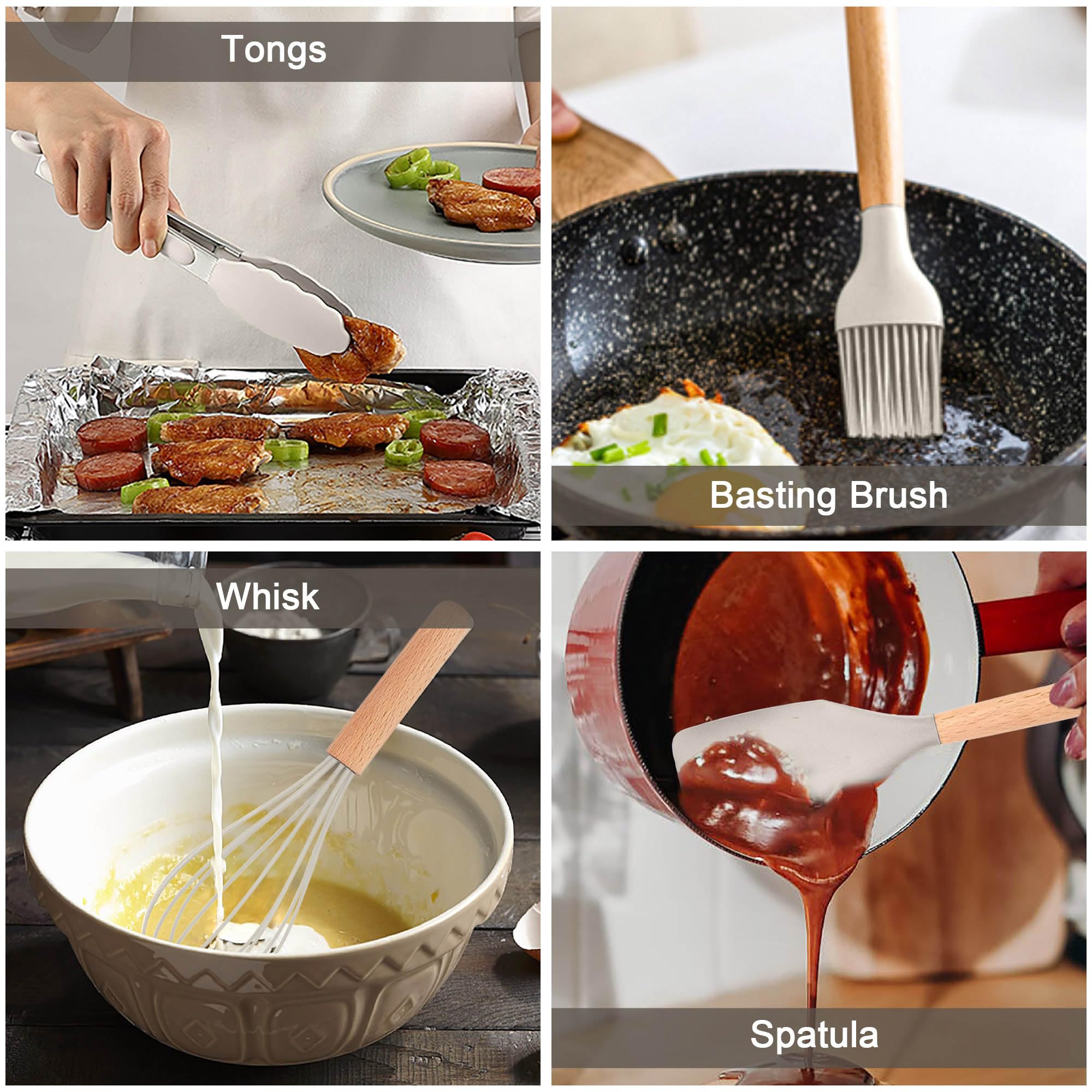 TeamFar 12Pcs Kitchen Cooking Utensils Set, Silicone Kitchen Gadgets Utensil Set for Nonstick Cookware with Wooden Handle, Spatula Spoon Turner, Non-Toxic & Non-Stick, Heat-Resistant, Black