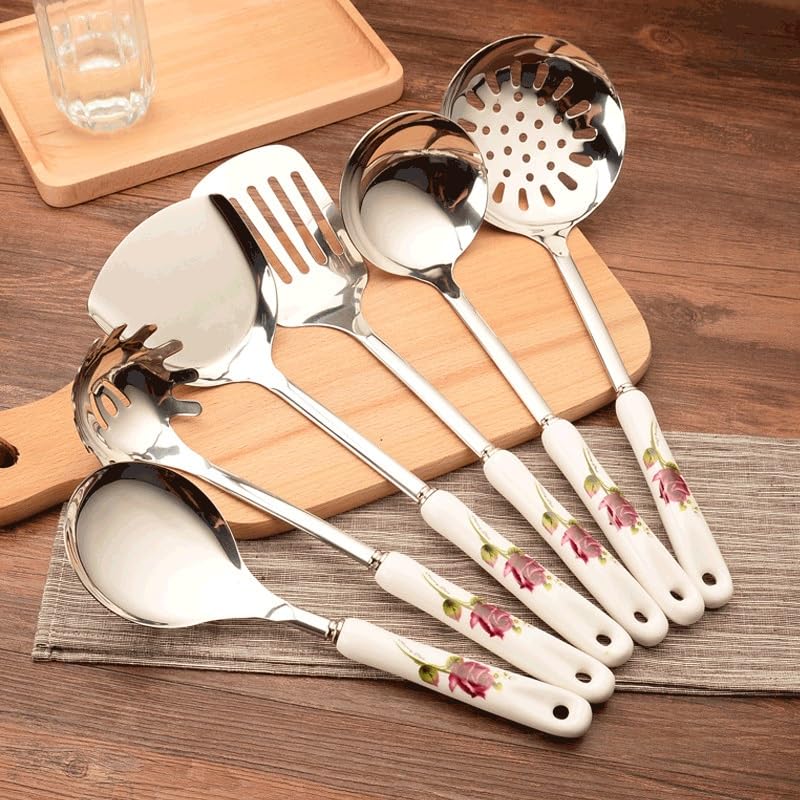 SLEEVY Ceramic Handles Cooking Tool Set Stainless Steel Kitchen Utensils Set Of Cookers Shovels Spoons (Color : Black, Size : 7 pieces)