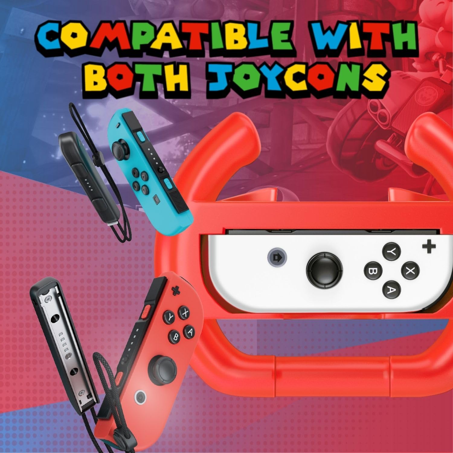 TNP Racing Wheel for Nintendo Switch/Switch OLED Joy-Con Controller (Set of 2 Red + Blue) Racing Steering Wheel Controller Accessory Grip Handle Kit Attachment