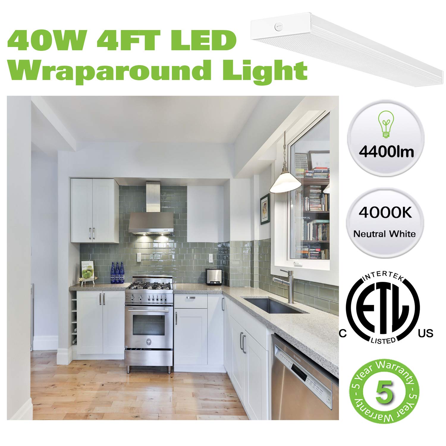 Yeegfeyeyy 4FT LED Wraparound Shop Lights, 40W, 4400lm [2-lamp 32W Fluorescent Equiv.], 4000K Neutral White, Flush Mount 48 Inch LED Light Fixtures, LED Wrap Ceiling Light for Garage, Office