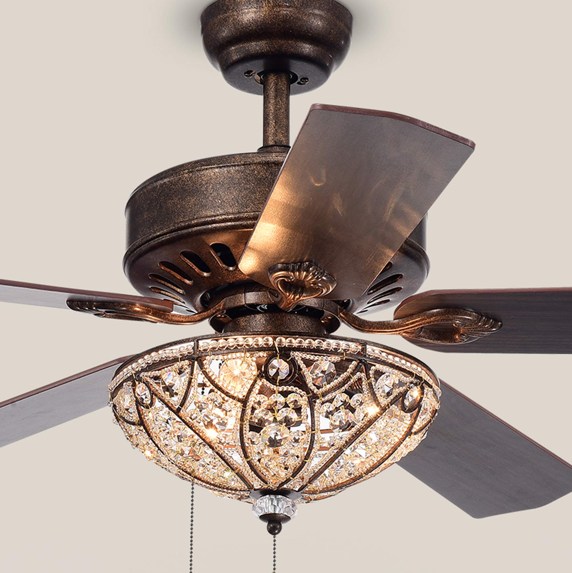 Warehouse of Tiffany CFL-8353RB Gliska 52-Inch 5-Blade Rustic Bronze Lighted w Crystal Shade Ceiling Fan, Brown