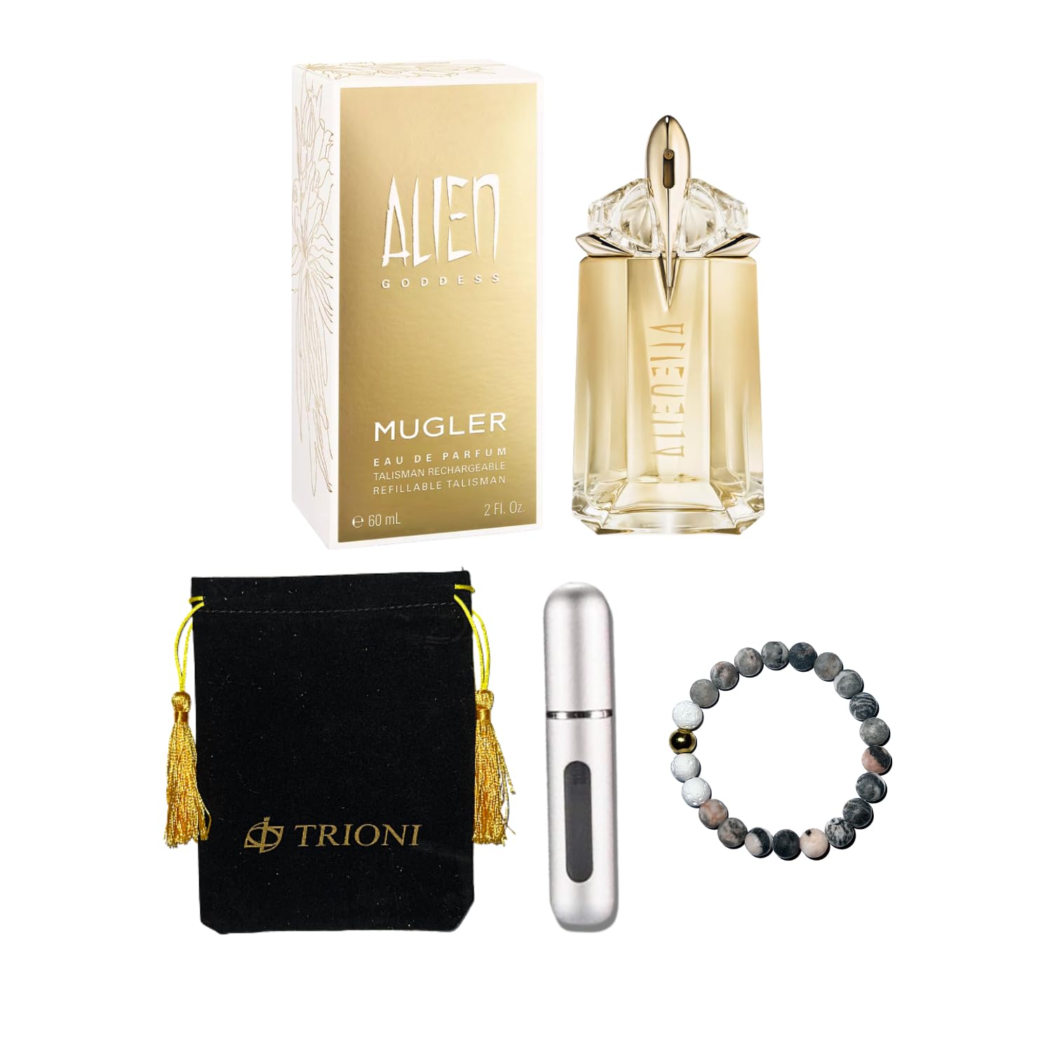 TRIONI Women's Fragrances Perfume Gift Sets, YSL Black Opium 1.6 Ounce Eau de Parfum for Women, Mini Refillable Atomizer Perfume Spray, Lava Stone Diffuser Beaded Bracelets and Velvet Drawstring Pouch