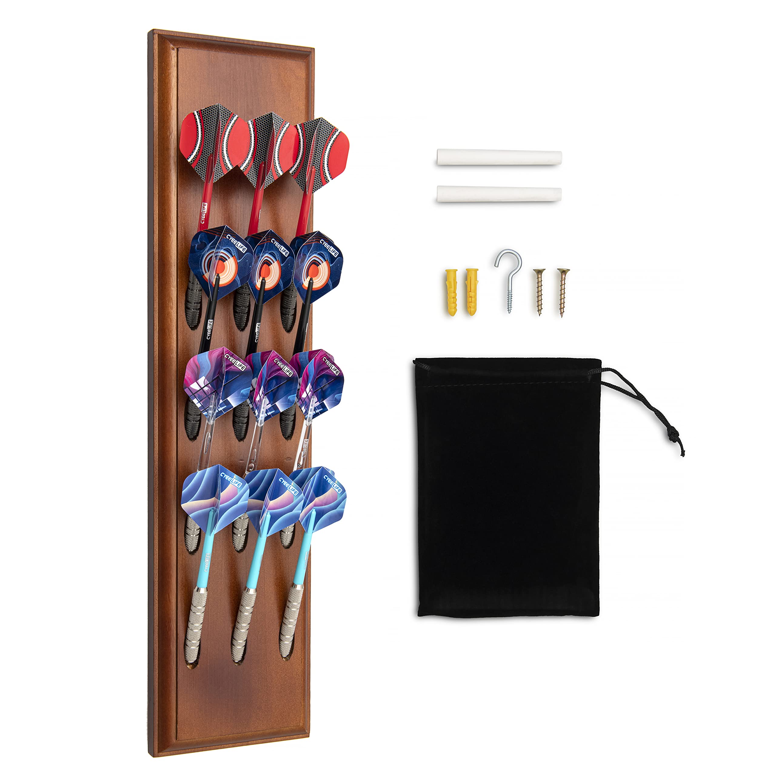 Veradura Solid Wood Wall Dart Holder - Holds and Displays 12 Soft or Steel Tip Darts - Precision Drilled Holes - Complete with 2 Pieces of Chalk for Scoring and an Accessory Bag