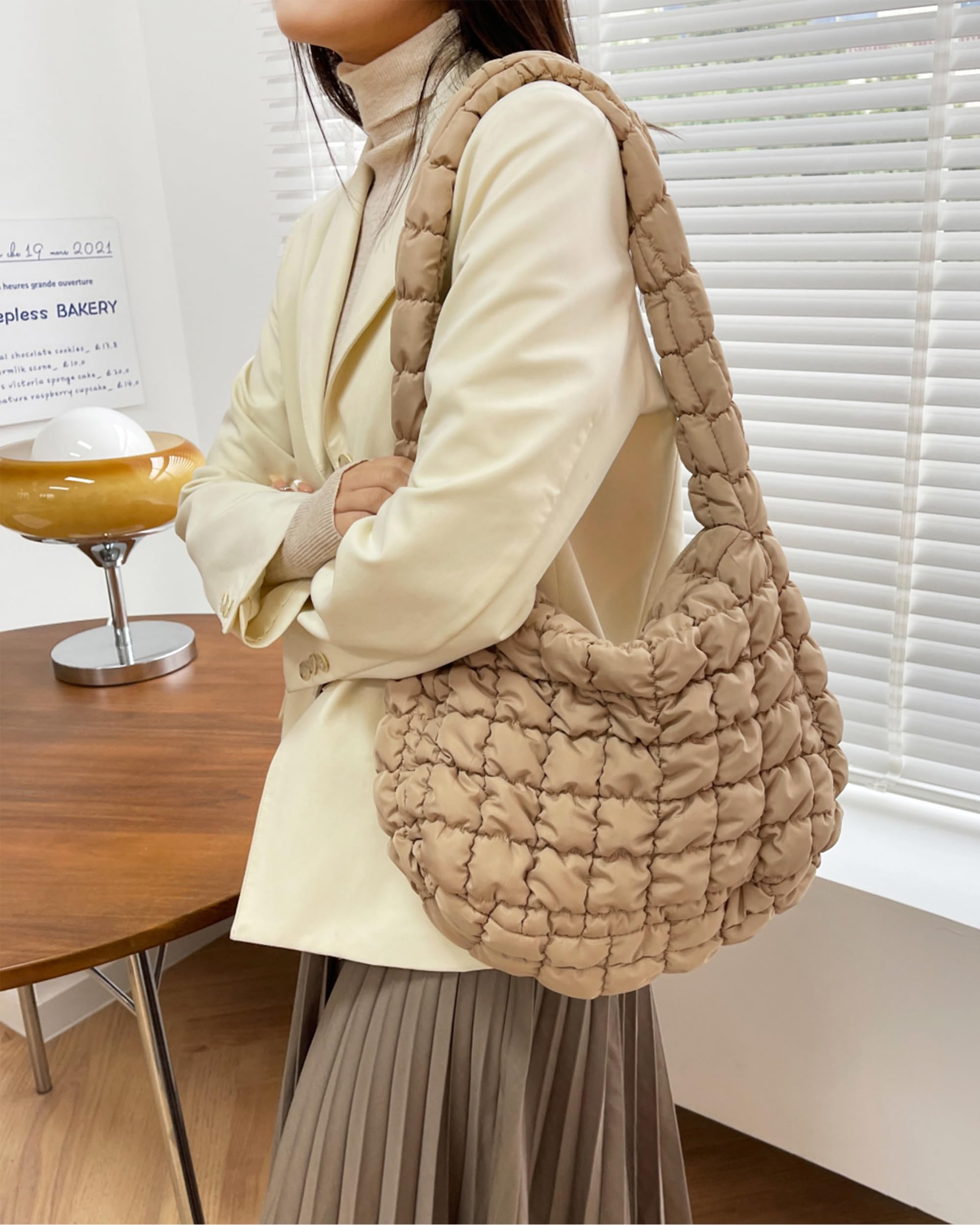 Rejolly Puffer Quilted Shoulder Bag for Women Puffy Bubble Tote Bag Lightweight Nylon Handbag Padded Soft Purse Khaki