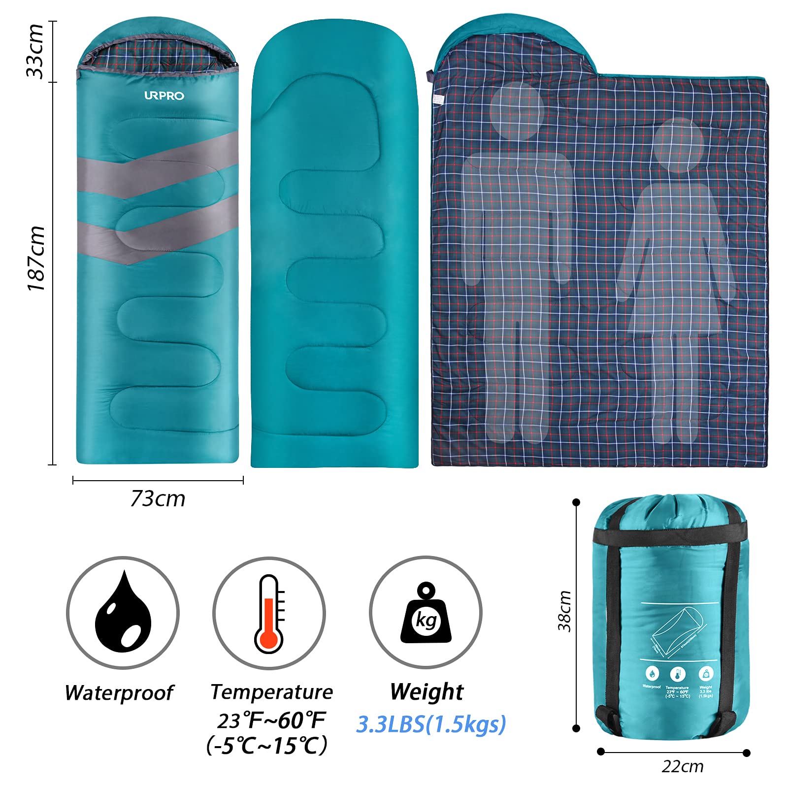 URPRO 1.6kg Sleeping Bag 3-4 Seasons Warm Cold Weather Lightweight, Portable, Waterproof Sleeping Bag with Compression Sack for Adults & Kids - Indoor & Outdoor: Camping, Backpacking, Hiking (Blue)