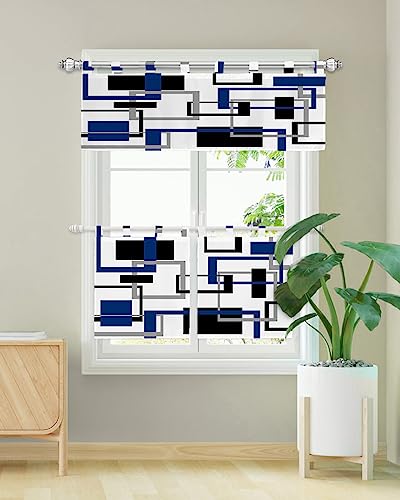 WARM TOUR Tab Top Curtain Valance and Tiers Set,Modern Abstract Blue Black Grey Block Light Filtering Kitchen Curtains Valances,Minimalism Lines Geometric Art Cafe Window Treatment Drapes for Bedroom