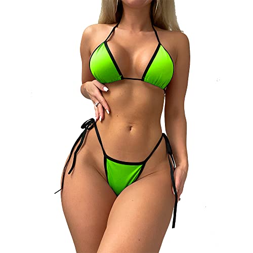 Women’s Sexy Beach Swimsuit with Thong Bathing Suits Spaghetti Strap Green Bikini Set(S Size)