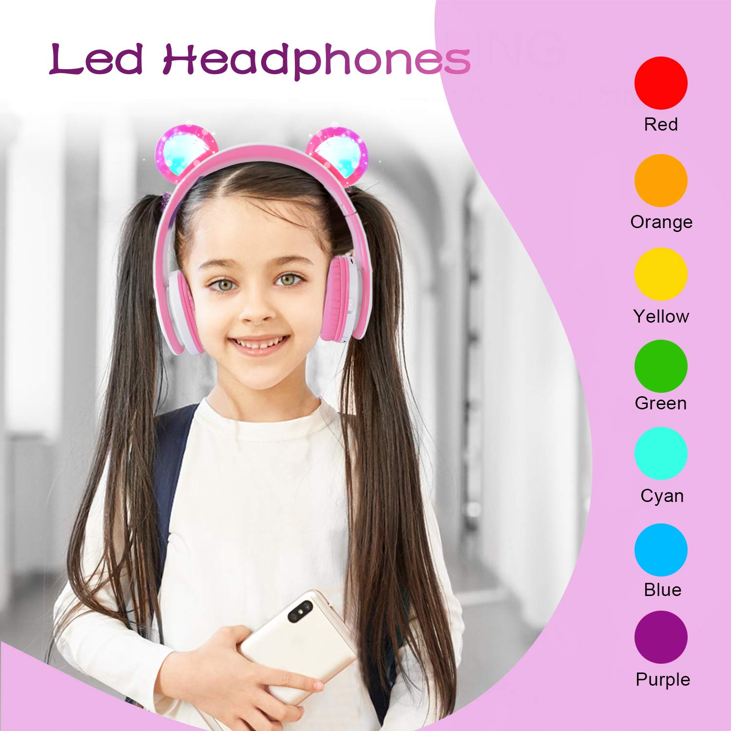 Woice Kids Wireless Headphones, Bluetooth Headphones 85dB Volume Limiting, LED Lights & Music Sharing Function, Girls Boys Wireless/Wired Headphones Over Ear with Mic Pink