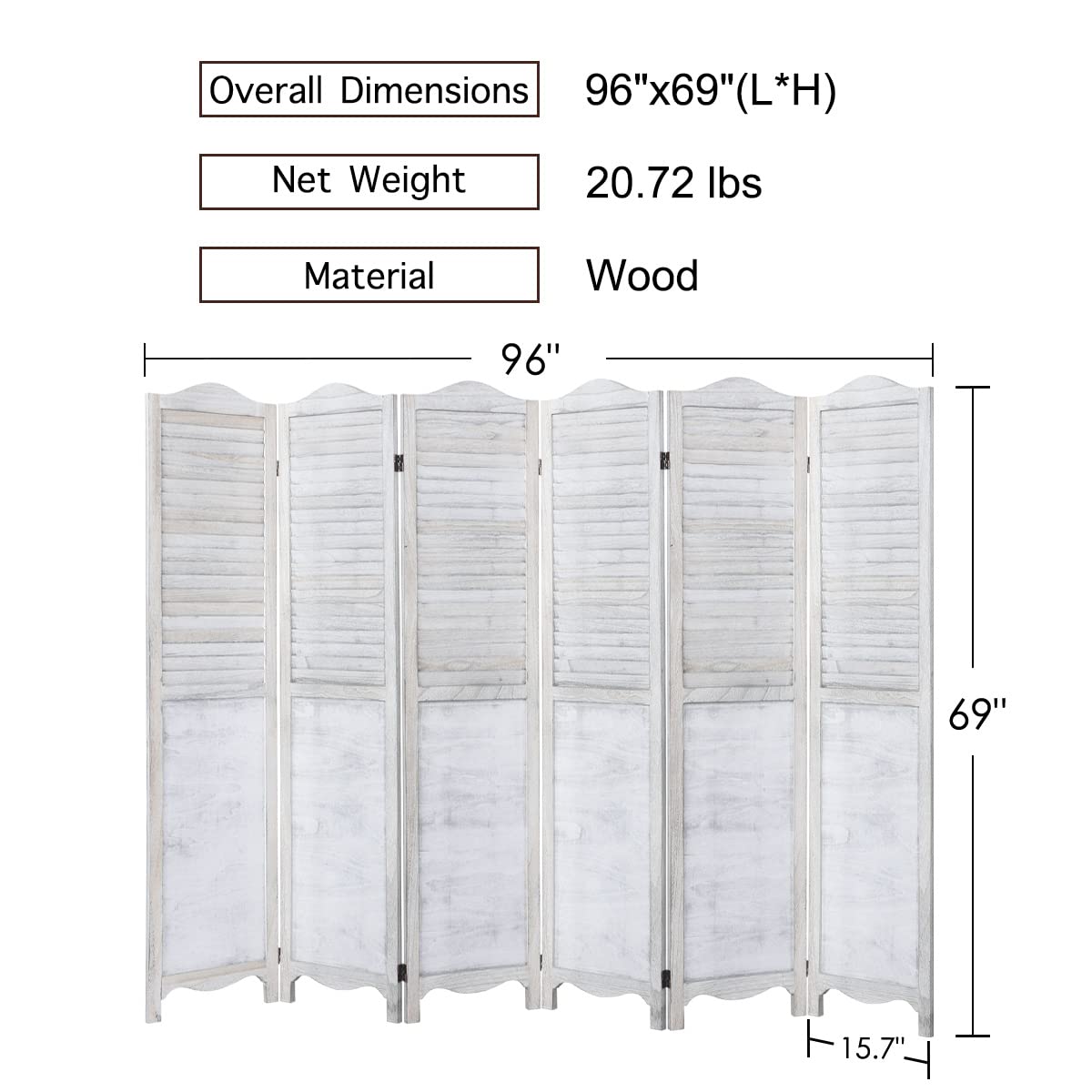 Room Divider Privacy Screen 6 Panel Room Dividers and Folding Privacy Screens 5.6ft.Tall Rustic Wood White Room Divider Wall Separator Partition Freestanding