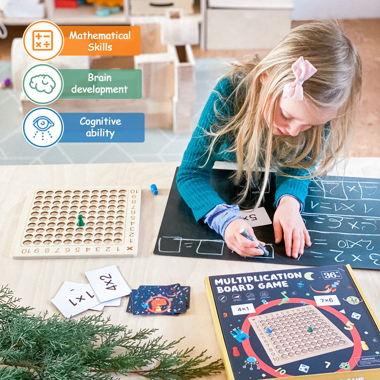 Wooden Math Multiplication Board with Numbers, Montessori Children Counting Toy, Parent-Child Interactive Math Board Game, Educational Preschool Counting Toys for Kids 3+,Wooden Math Blocks Board.