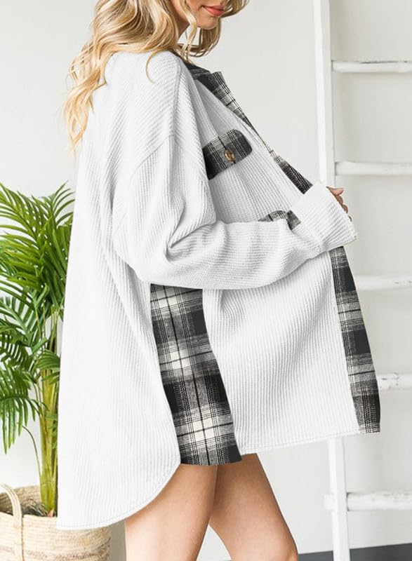 SHEWIN Womens Waffle Knit Plaid Shacket Button Down Shirts Jacket Boyfriend Shirts Long Sleeve Tops Fall Clothes for Women 2024 White S