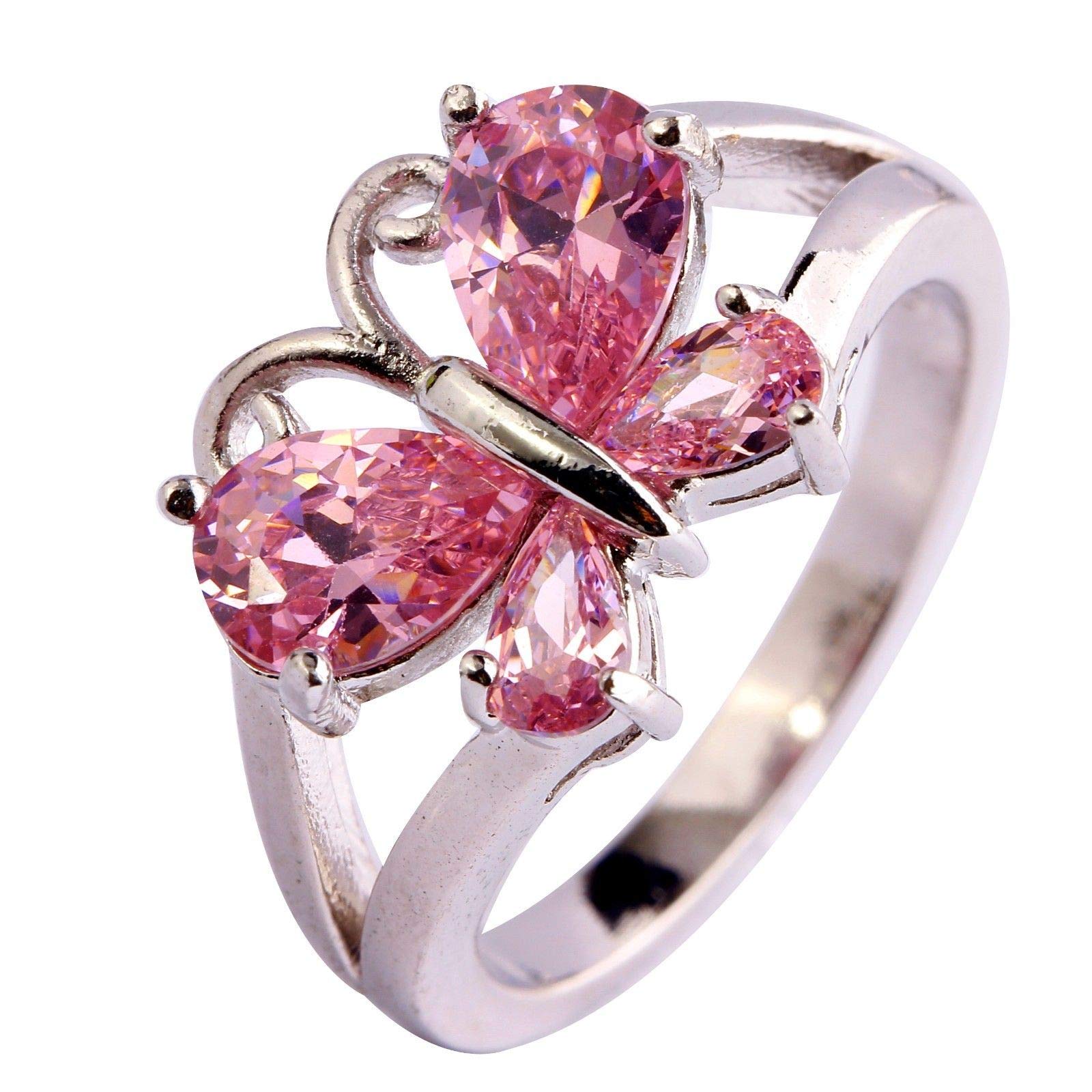 Veunora Silver Plated Pear Cut Created Pink Topaz Cubic Zirconia Filled Gorgeous Butterfly Ring for Women Gift Size 12