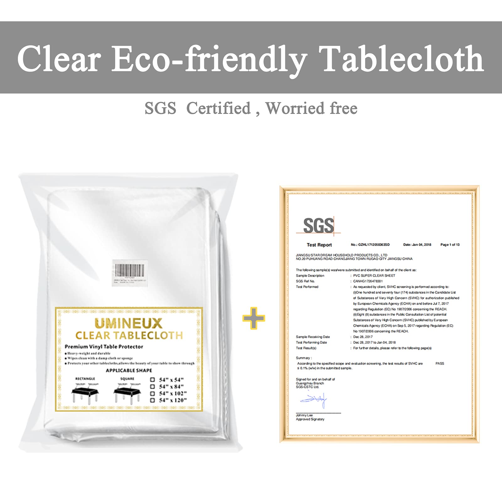 UMINEUX Clear Plastic Tablecloth Protector Heavy Duty Vinyl Table Cover 100% Waterproof Oil Proof Wipeable for Indoor Outdoor Dining Table Use(54x54 Inch, Square)