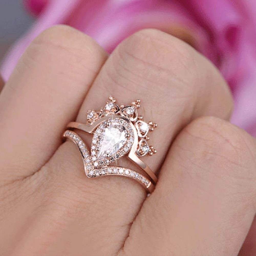 WYS Teardrop Cubic Zirconia CZ Queen Crown Ring Set Women's Rose Gold Plated Curve V Shape Wedding Bridal Band Set (US Code 6)