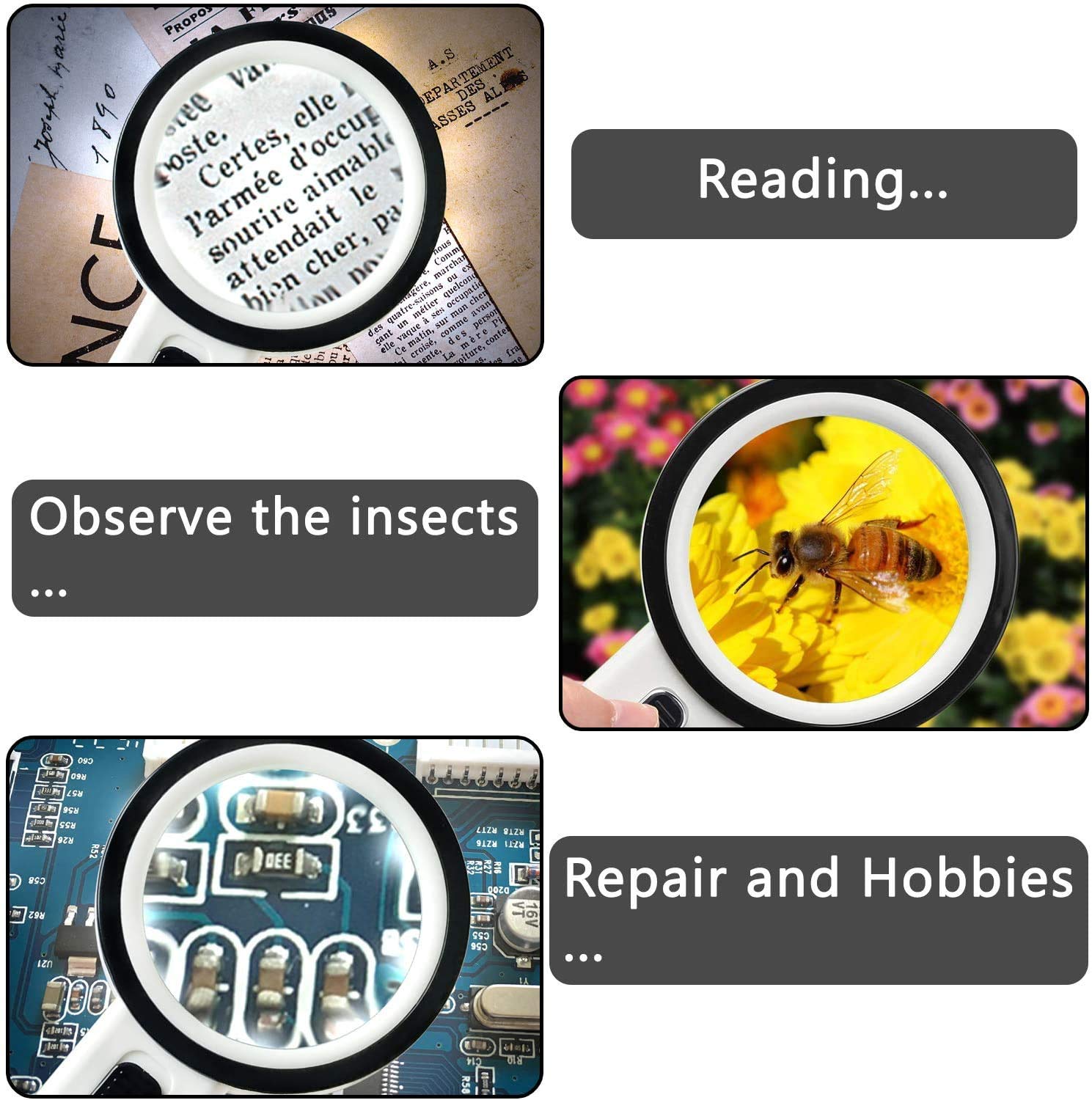 VOLANTEXRC Magnifying Glass with Light, Handheld Magnifying Glass 30X 12 LED Lighted Magnifier Illuminated Magnifying Glass for Low Vision Seniors Reading, Soldering, Inspection, RC Plane Instructions