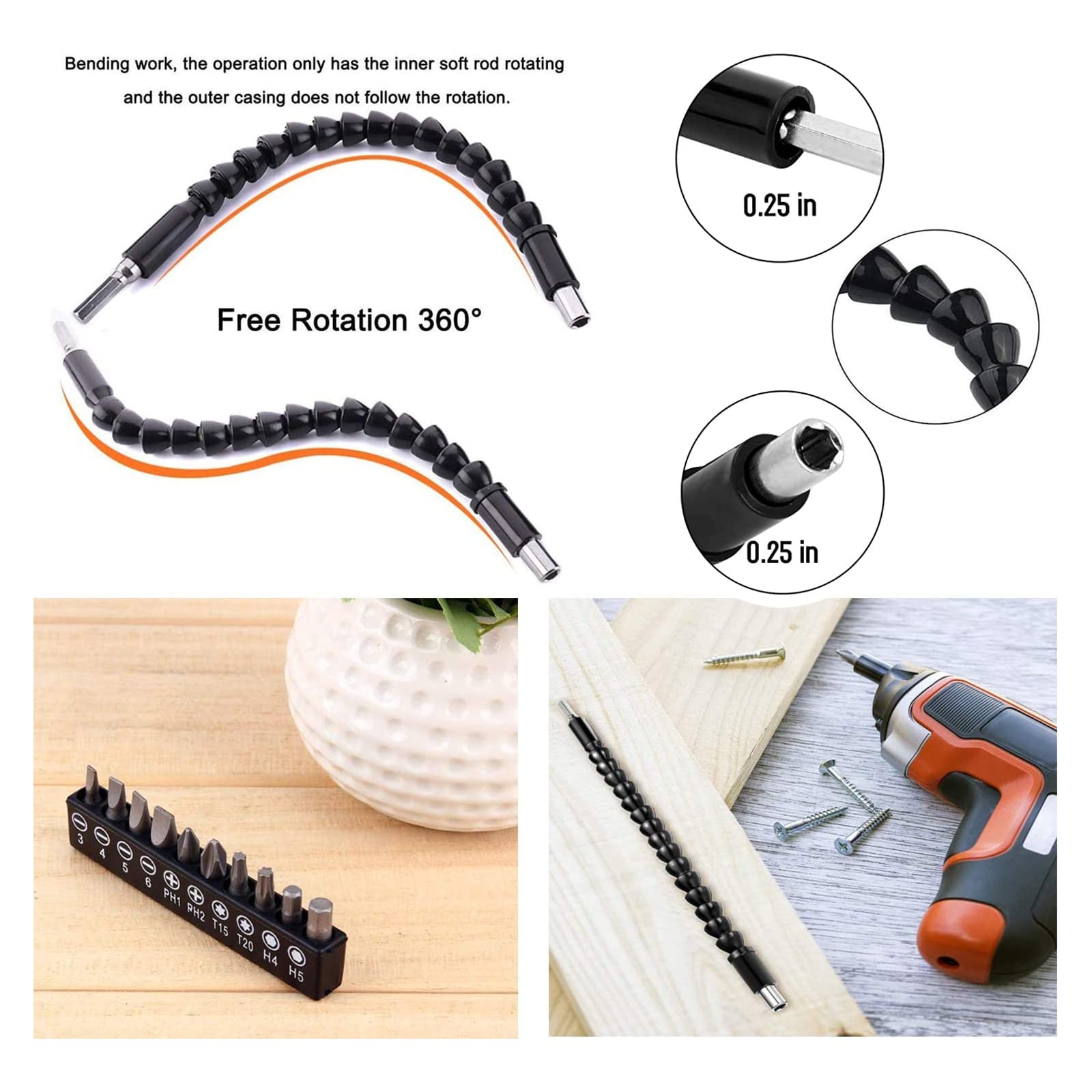 YIOYULEN Flexible Drill Bit Extension, Bendable Drill Extension11.6inch, Manual 90° Right Angle, 1/4 Flexible Extension for Drill, Adaptor Hex Flexible Screwdriver Extension Black (12PCS)