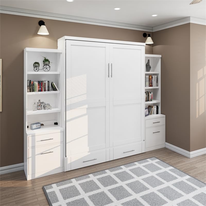 RoomAndLoft Queen Size White Murphy Wall Bed in Solid Wood, with Storage and Shelves, No Box Spring Needed, Easy Assembly, Up to weight capacity