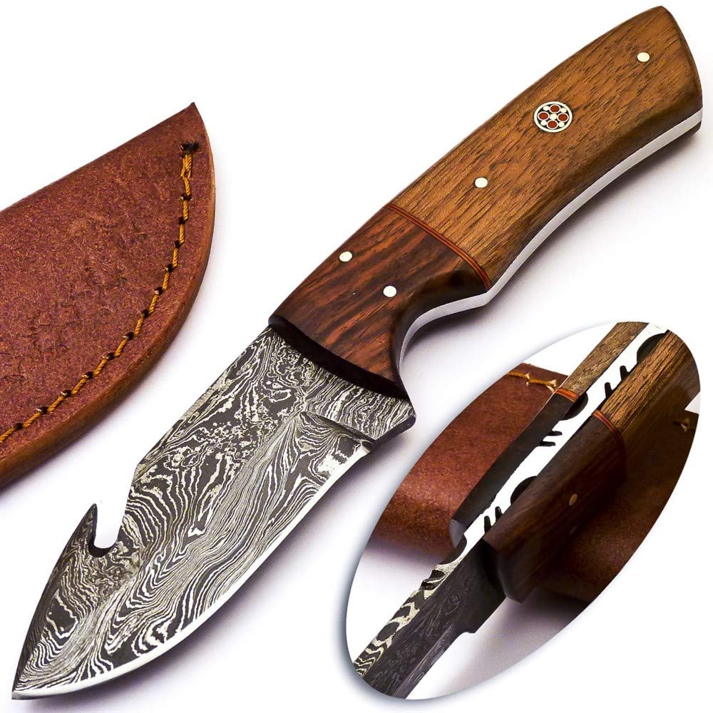 Rare Custom Damascus Fuller Gut Hook Knife Skinning Knife Hunting Knife |Outdoor Knife Camping Knife | Color Wood Handle with Free Genuine Leather Sheath (S-76)