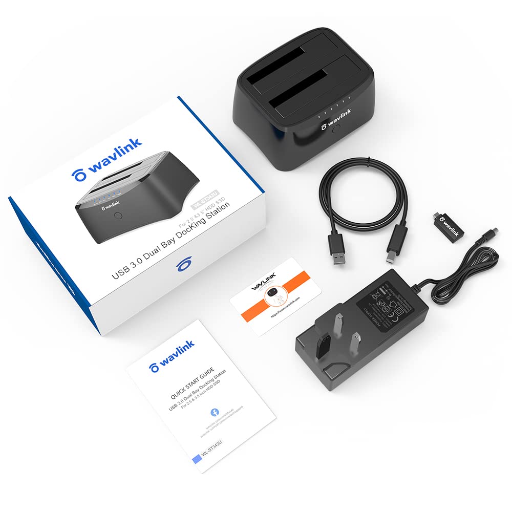 WAVLINK USB 3.0 to SATA I/II/III Dual Bay External Hard Drive Docking Station,Tool-Free External Hard Drive Dock for 2.5/3.5 inch HDD/SSD,Support Offline Clone,2x16TB with 12V/3A Power Adapter