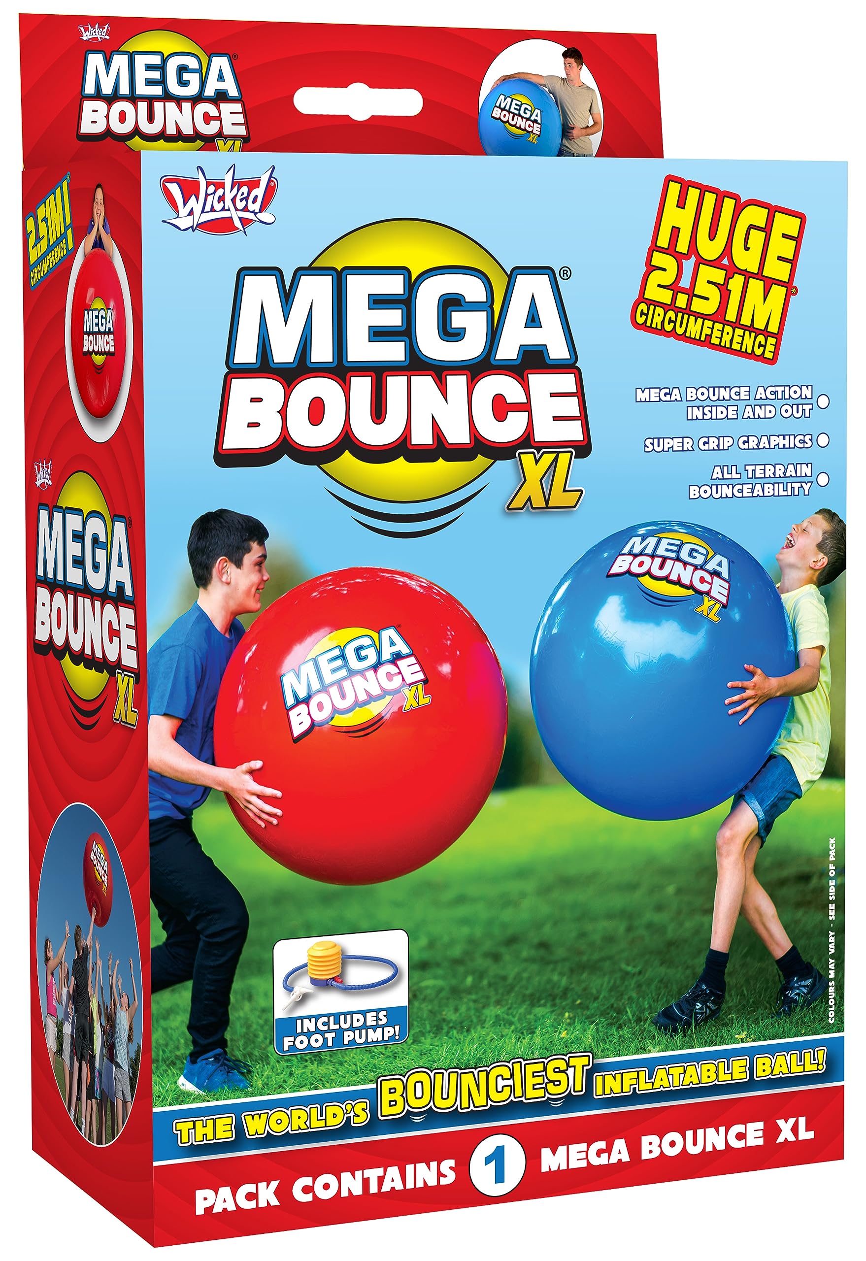 Wicked Mega Bounce XL - The World's Bounciest Inflatable Ball! Extra Large Bounce Ball for All Terrain Bounceability! Super Grip Graphics Outdoor Exercise Ball to Catch Easily. Blue or Red