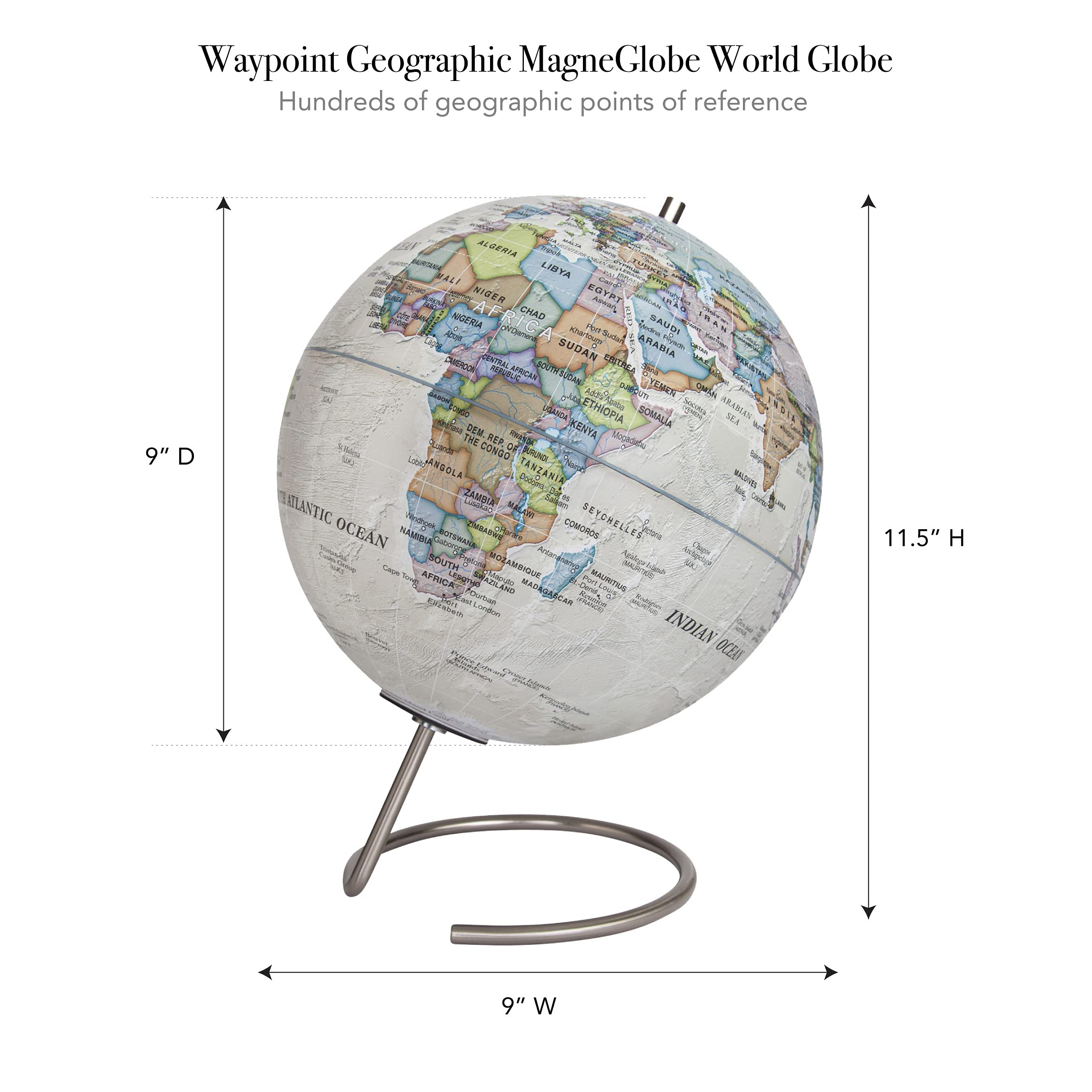 Waypoint Geographic MagneGlobe, 9” Metal Globe with 32 Magnetic Pins for Marking Travels, Interactive World Globe For Home or Office Decor, Gift for All, Antique