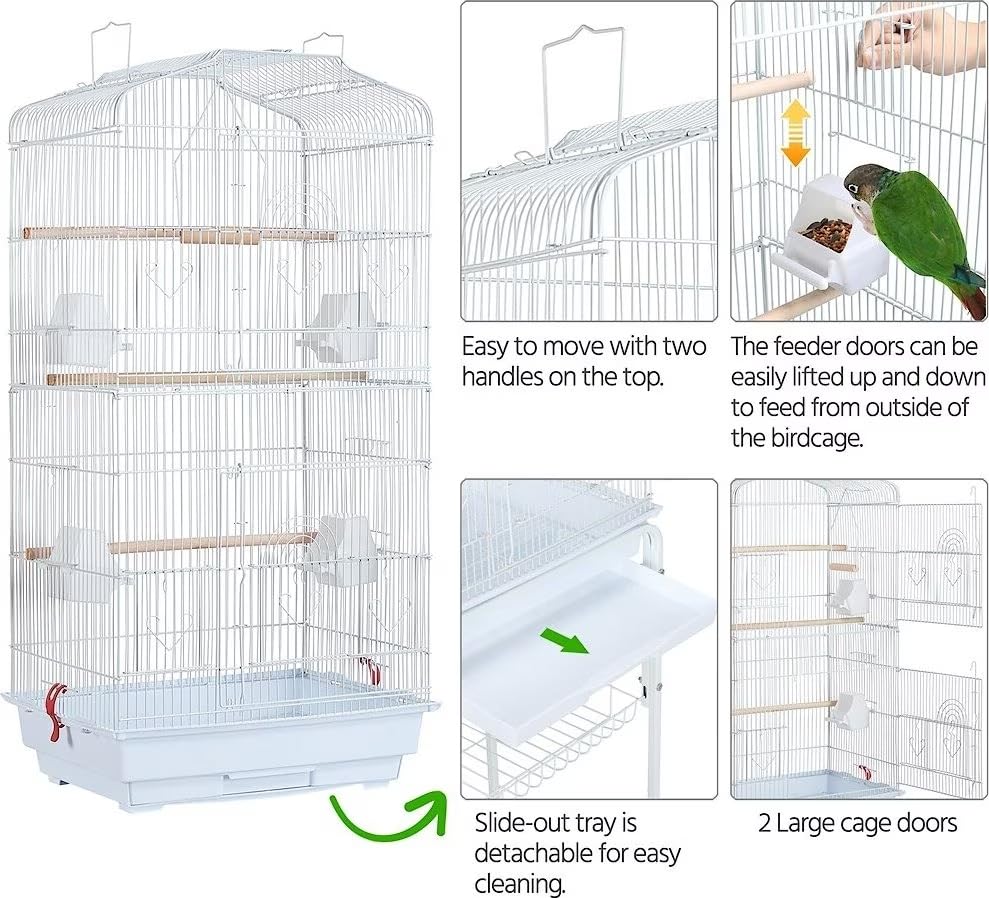 TENAS Deluxe 64-Inch Metal Bird Cage - with Open Top Design and Rolling Bracket - Premium Rust Resistant Wire - Easy-to-Clean Base - 360 Degree Rolling Casters - Convenient Slide-Out Tray (White)