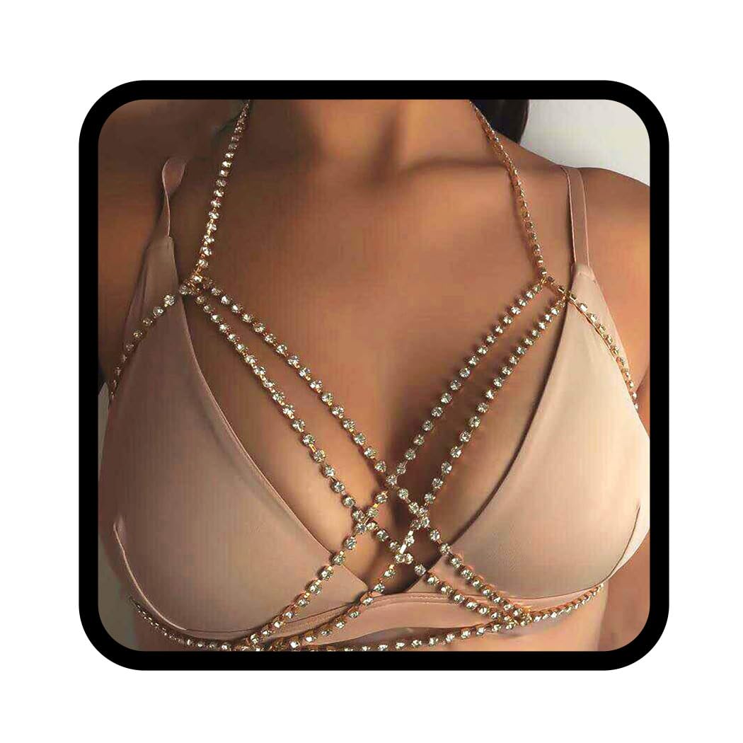 Victray Glitter Rhinestone Body Chain Jewelry Crystal Bikini Bra Chains Sparkly Chest Chain Accessory for Women (Silver)