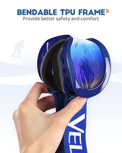 VELAZZIO Kids Ski Goggles, Snowboard Goggles OTG Snow Goggles Anti-Fog Double-Layer Lenses, 100% UV Protection (Blue Frame/Blue Lens with REVO Blue Coating (VLT 52%))