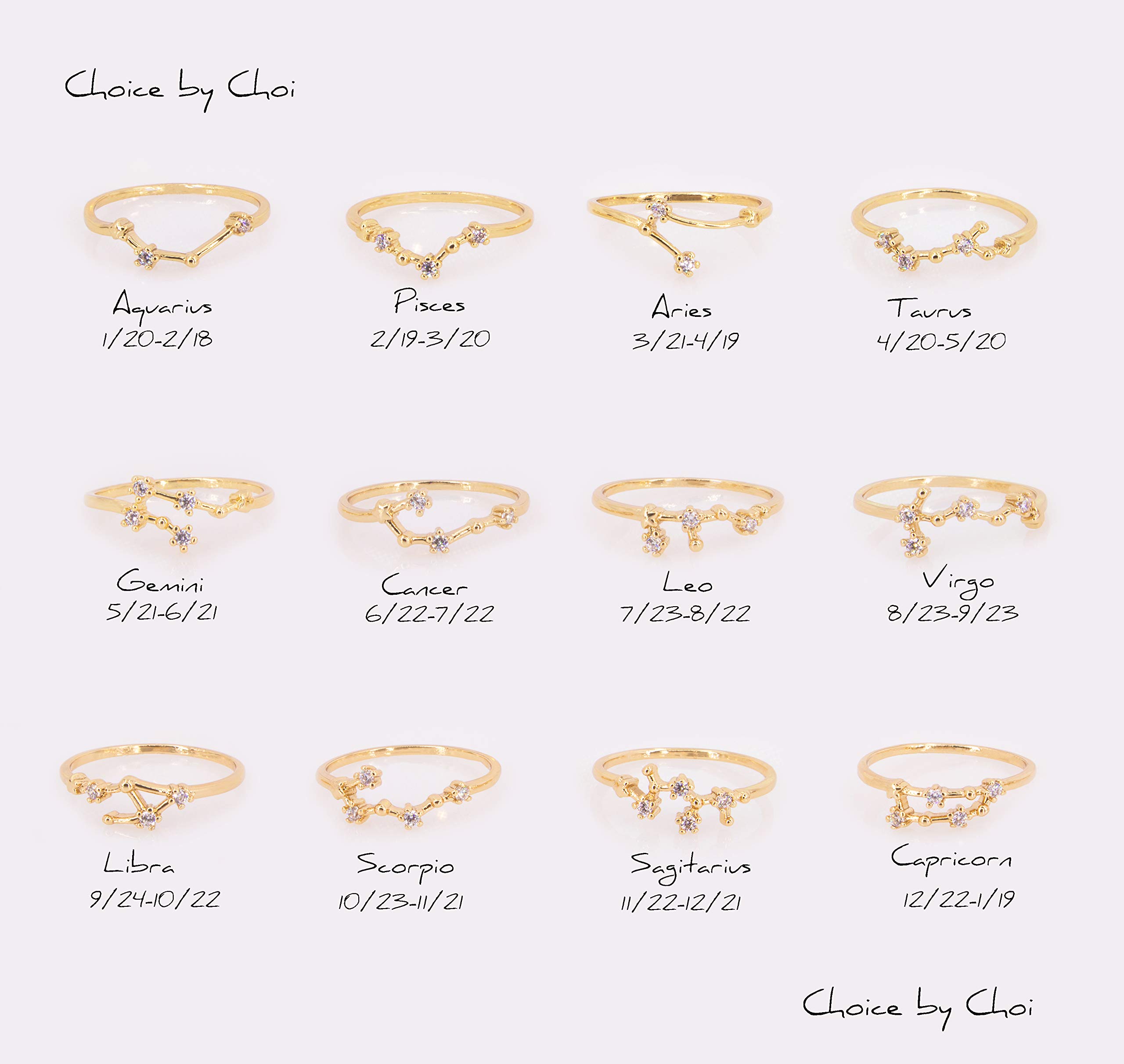 Zodiac Constellation Ring with Cubic Zirconia Stones Made of Zinc, Steel & Brass (Libra & Gold, 8)
