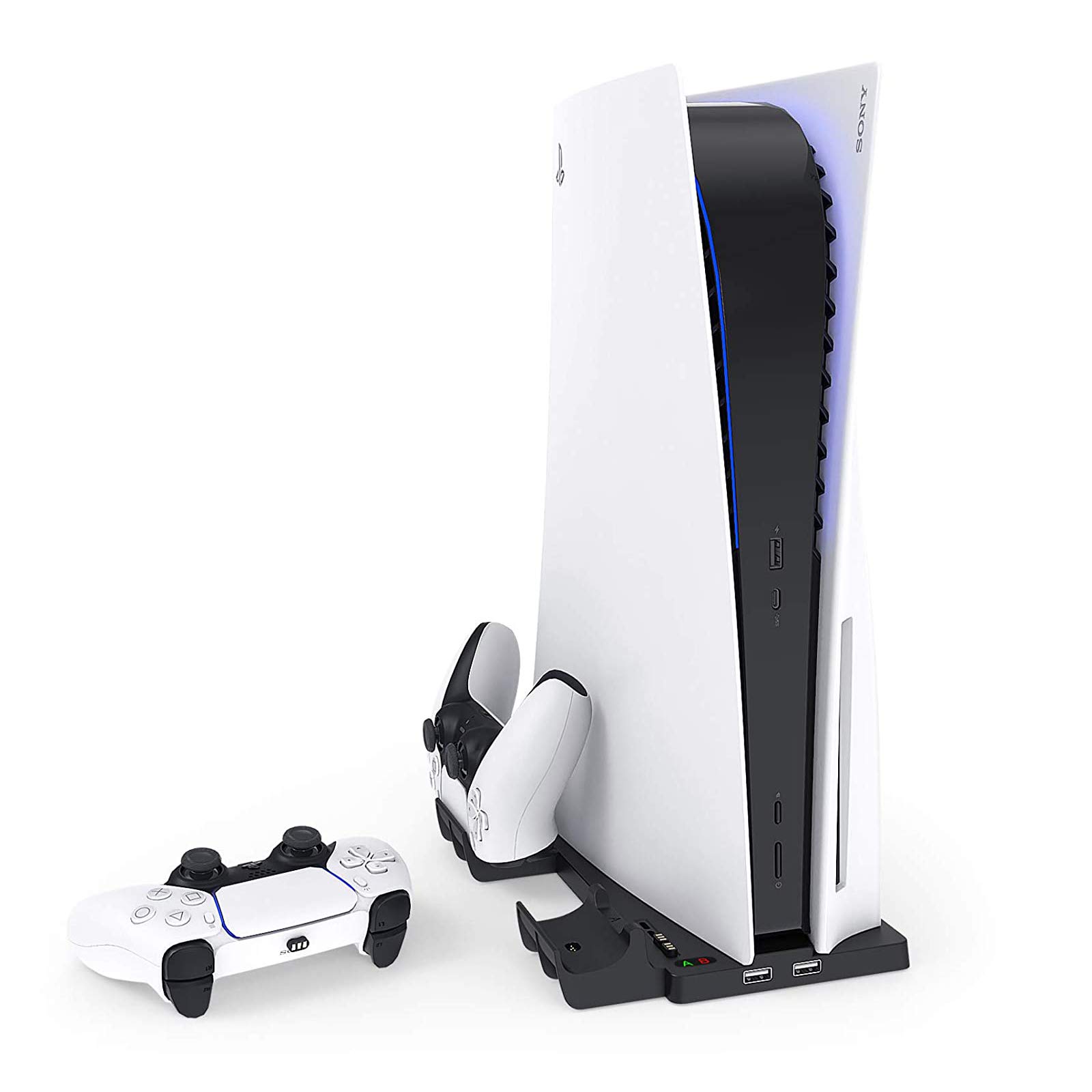 Vertical Stand for PS5 with Digital Edition/Ultra HD Playstation 5 Stand Controller Charge Station with Dual Controllers EXT Port Charger Dock and 2 USB HUB, black