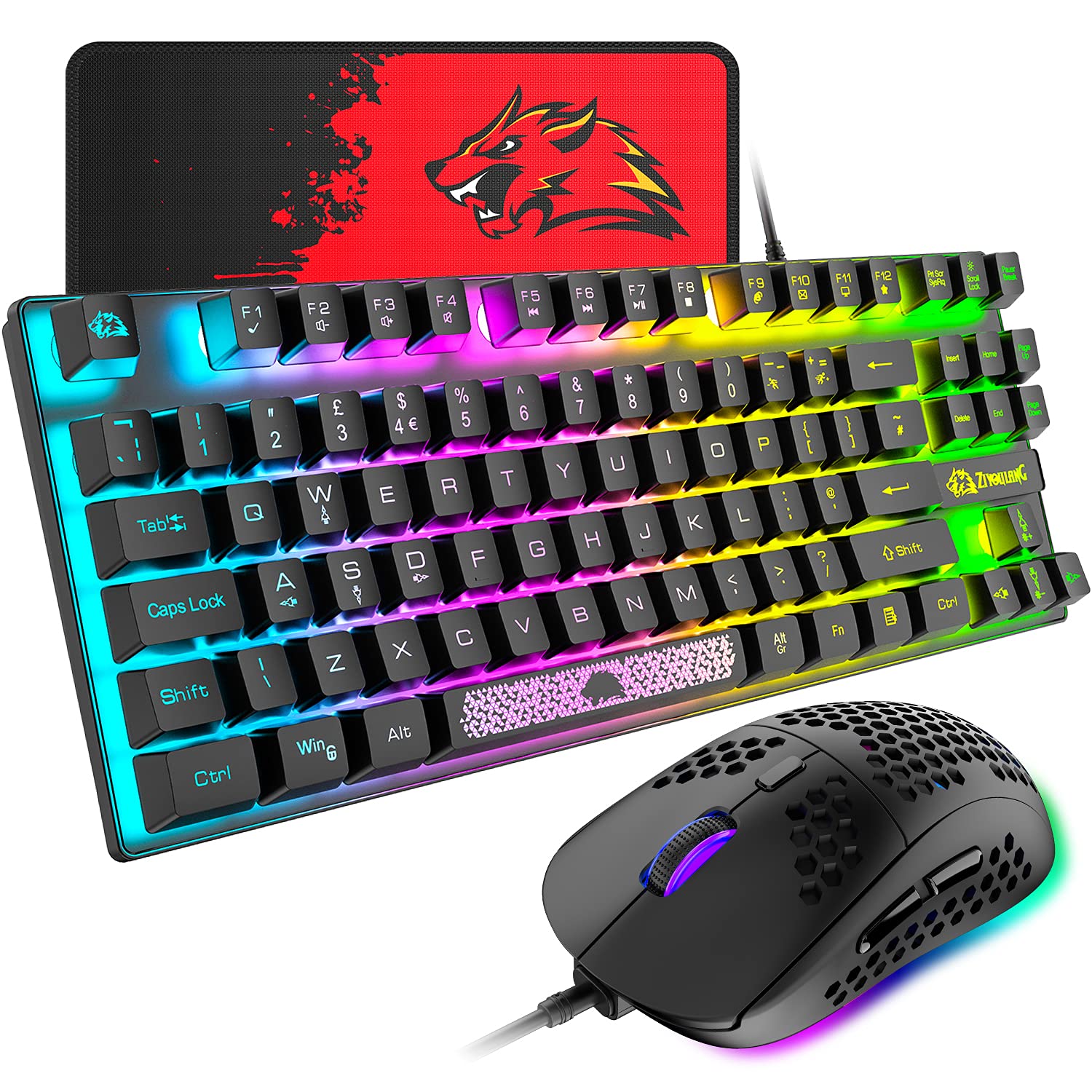 ZIYOU LANG T2Pro 75% Wired Mechanical Feel Keyboard and 6400 DPI Optical Mouse Combo,Compact Rainbow Backlit PC Gaming Keyboard,65g Lightweight Honeycomb Mouse &Pad for Gamer/Win/Mac/Laptop(Blue)