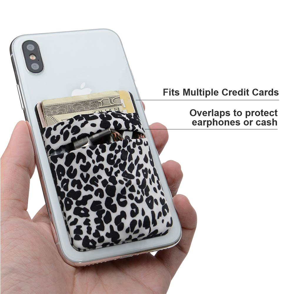 SHANSHUI Phone Wallet, 2 Pack Lycra Phone Card Holder Stick On Wallet Card Holder Pocket Compatible for iPhone, Android and All Smartphones-White Cheetah