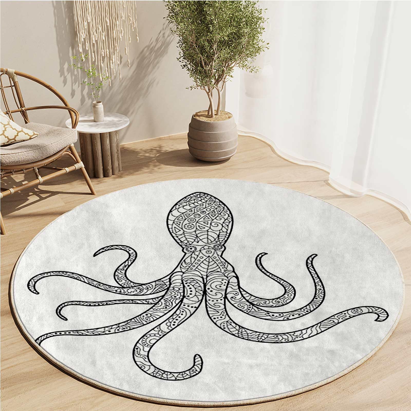 Round Chair Mats for Low Pile Octopus Desk Chair Mat Hard Floor Protector White Black Heavy Duty Floor Mat for Office Chair and Computer Desk 4 FT