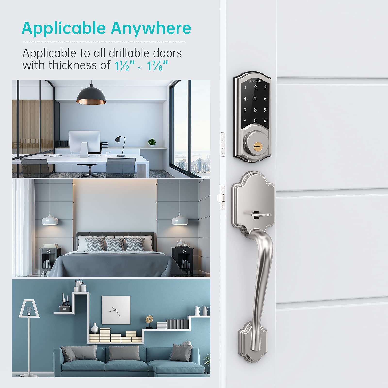 Smart Lock, Hornbill Keyless Entry Keypad Deadbolt, Bluetooth Electronic Digital Front Door Locks Work with Alexa, Free App Control Passcode, Auto Lock for Exterior Doors Airbnb Home Apartment Office