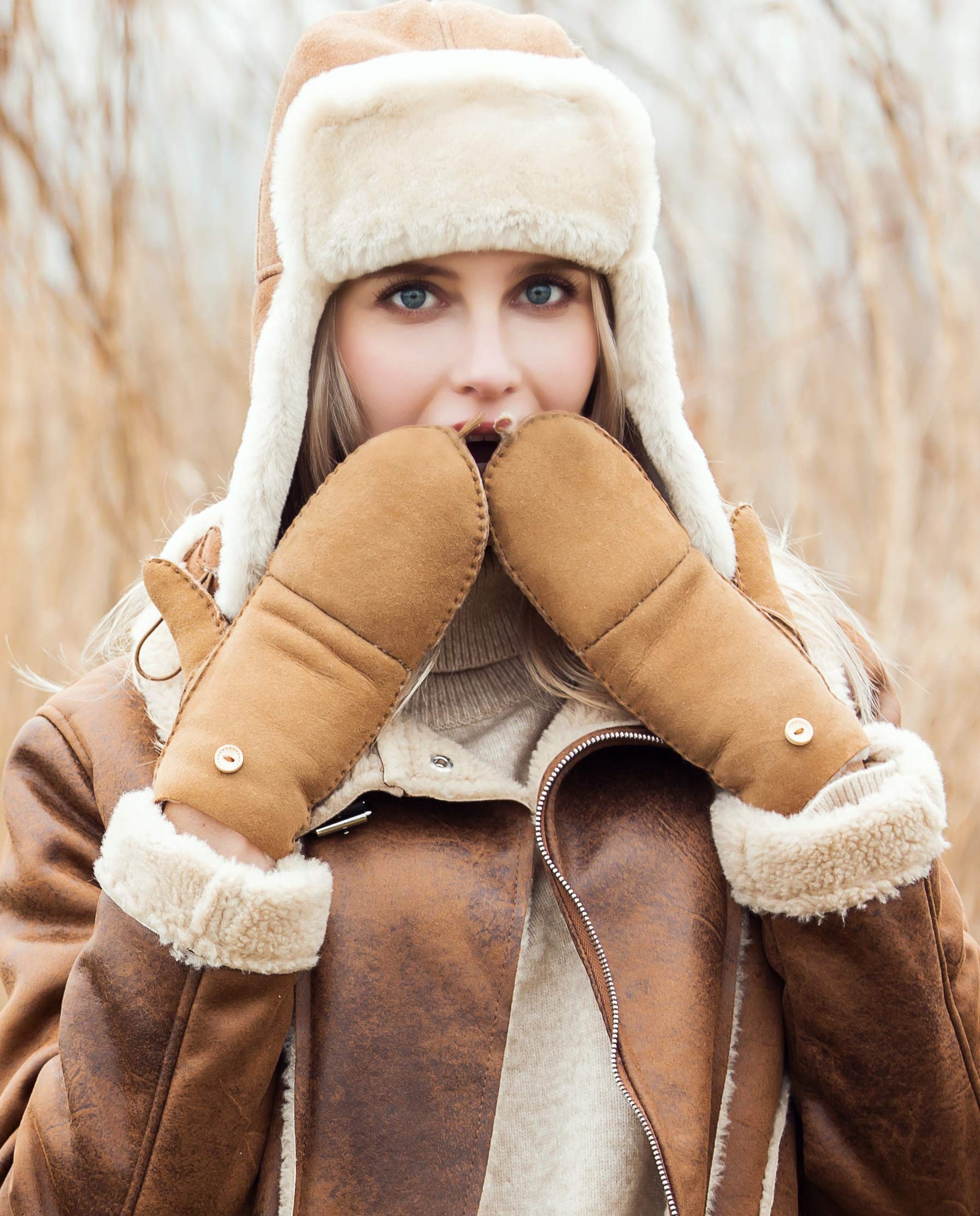 YISEVEN Women's Merino Sheepskin Leather Gloves Flip Fingerless Mitten