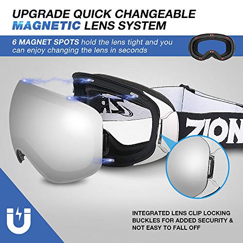 ZIONOR X PRO Ski Snowboard Snow Goggles with Magnetic Interchangeable Dual Layer Lens Anti-fog UV Protection for Men Women Adult (VLT 13% Silver Lens)