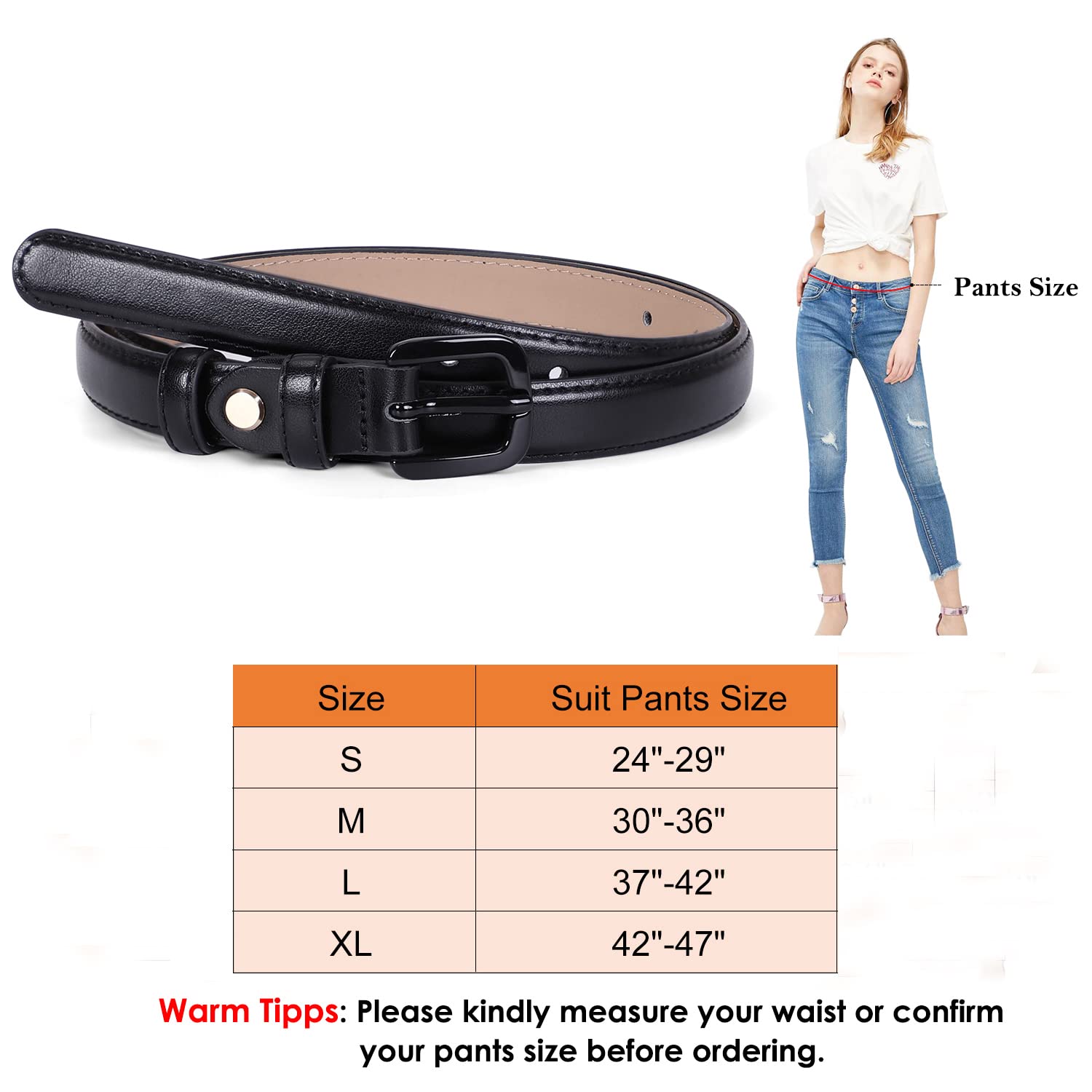 WHIPPY Women Skinny Leather Belt Thin Waist Jeans Belt for Pants in Pin Buckle Belt, Black, Pants Size 24-29 inches