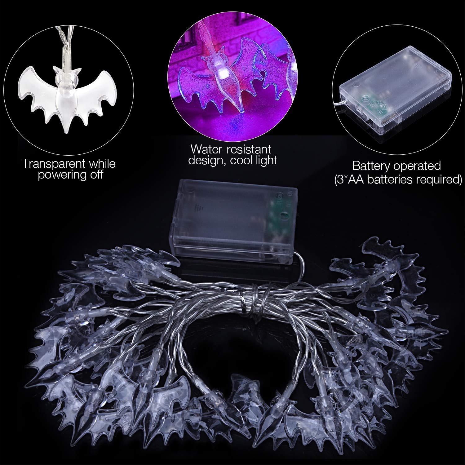 Shanyuna Halloween String Lights Outdoor Lights Battery Powered Pack 3 - Devil Bat Pumpkin Light Up Your Home Patio Garden Indoor for Halloween Party Decorations Decor