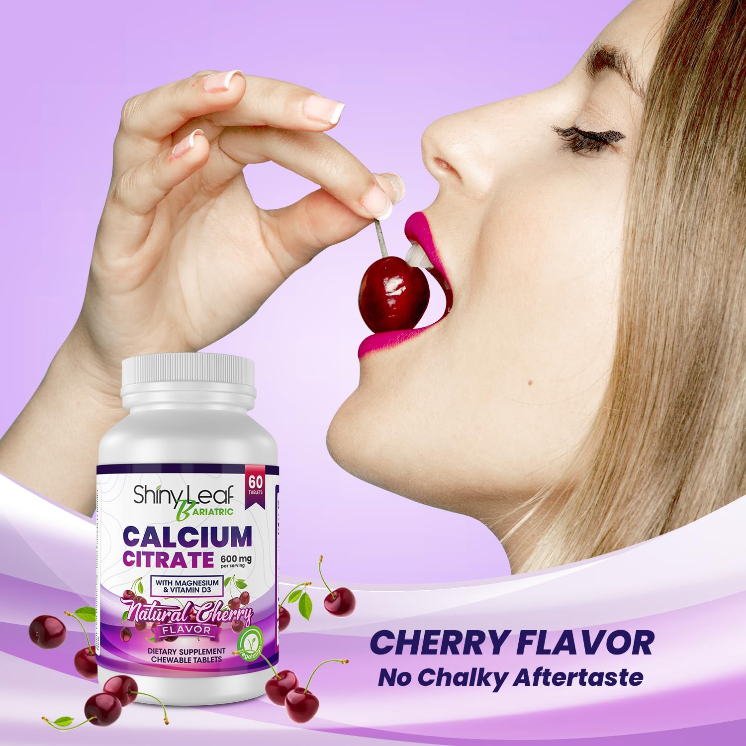 Shiny Leaf Bariatric Calcium Citrate 600 mg Supplement for Bariatric Surgery Patients, 60 Ct Chewable Tablets with Magnesium, Vitamin D3, Natural Cherry Flavor, Vegetarian (1 Month)
