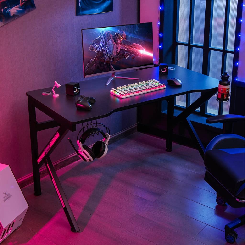 WFHTU 48" K Shape Gaming Desk Computer Desk with Cup Holder and Headphone Hook Home Office Writing Study Desk