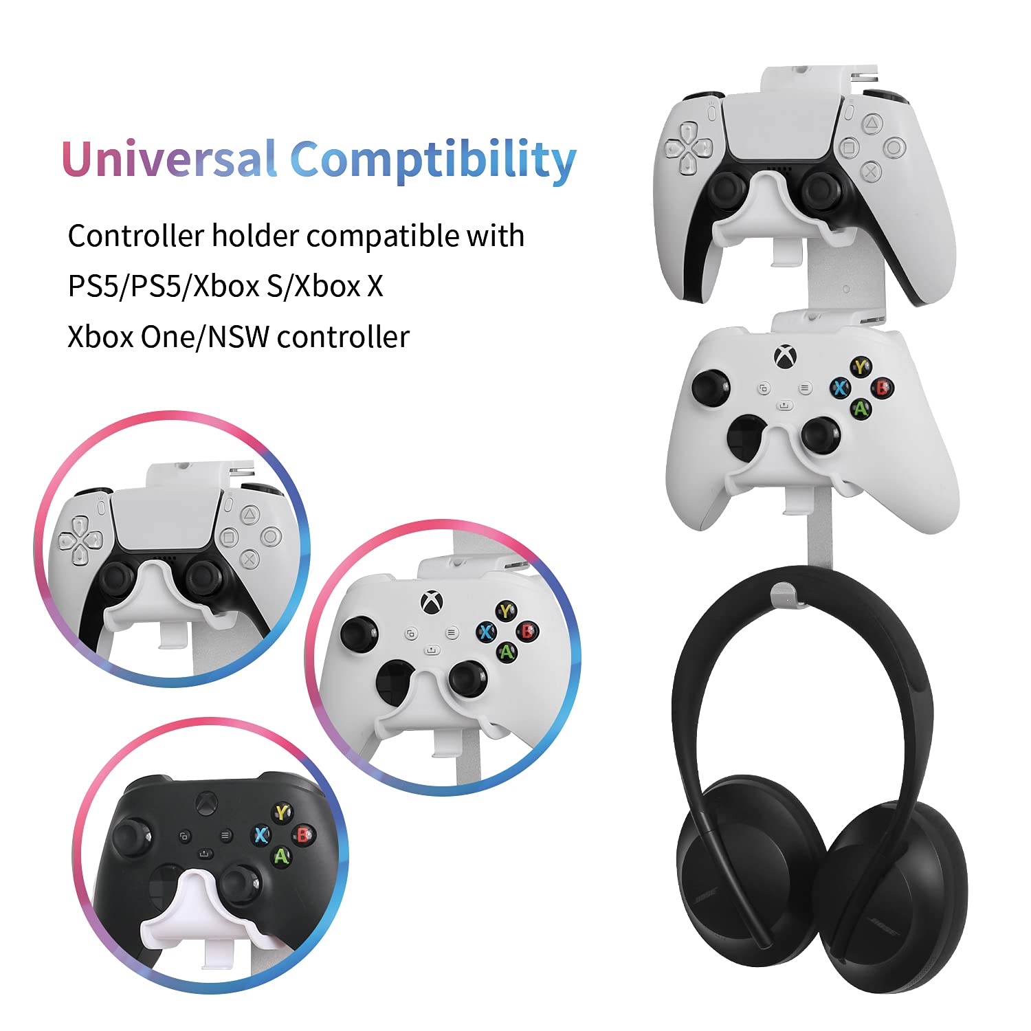 Xbox Controller Stand Hosanwell 4 in 1 Headphone Wall Mount Holder Bundle & Non-Slip Mat for PS5 Xbox Series S X Switch Pro Controller Universal Bracket Hanger with 2 Way USB-C Magnetic Charging Cable