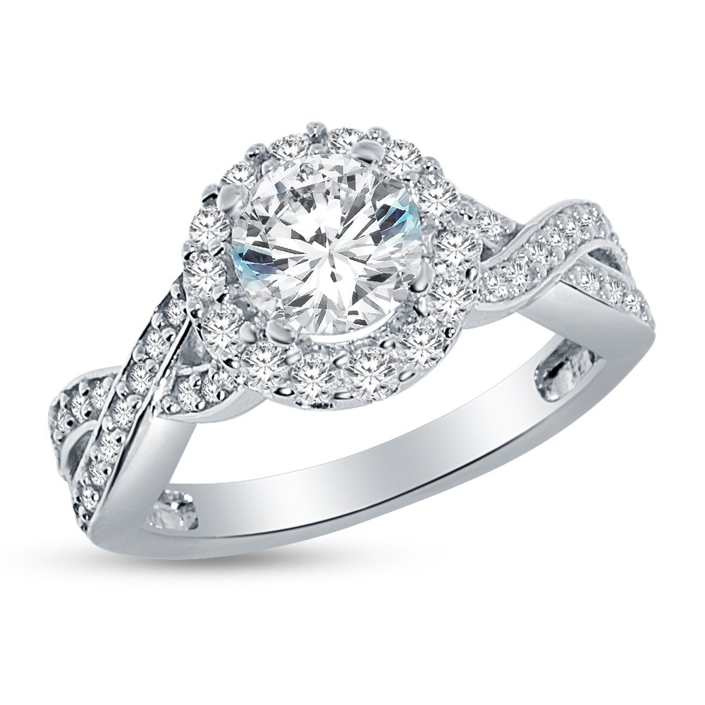 Size - 10-14k White Gold Round Infinity Twist Halo Cross Over Solitaire Engagement Ring CZ Cubic Zirconia (1.50cttw., 1.0ct. Center)